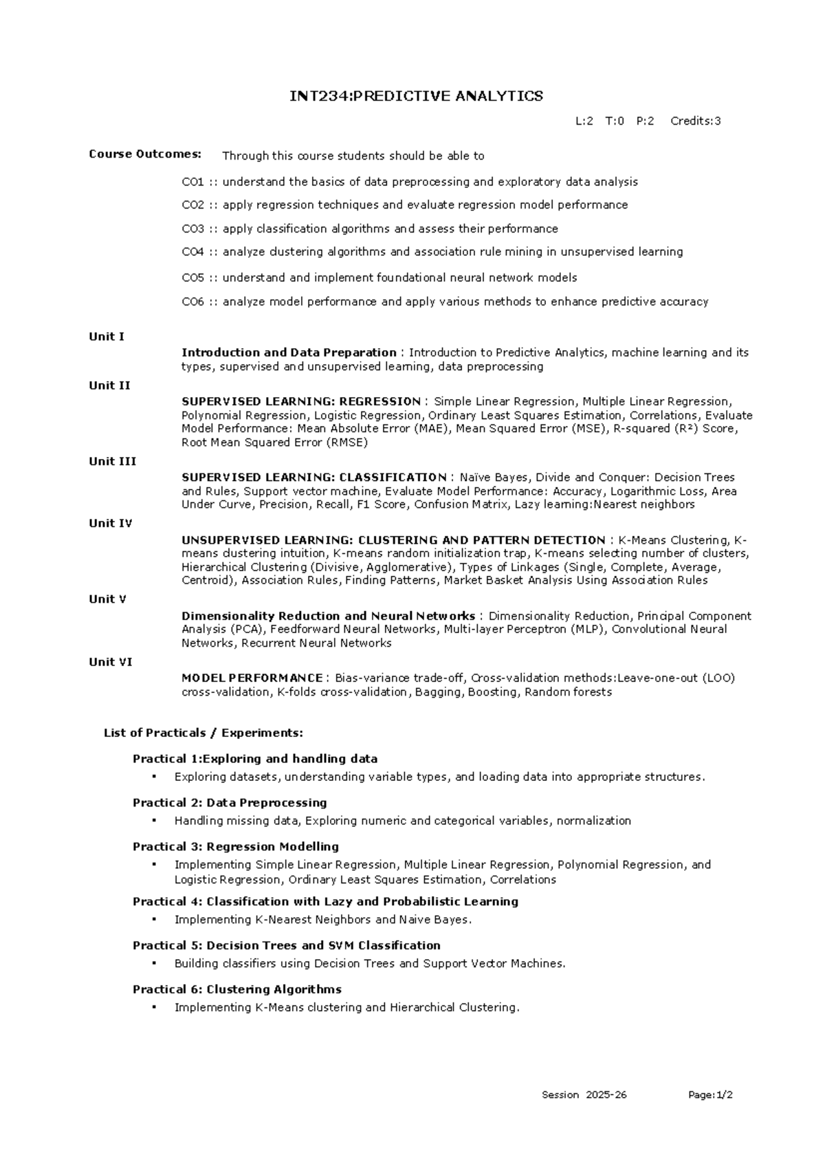 INT234: PREDICTIVE ANALYTICS - Course Syllabus Overview - Studocu