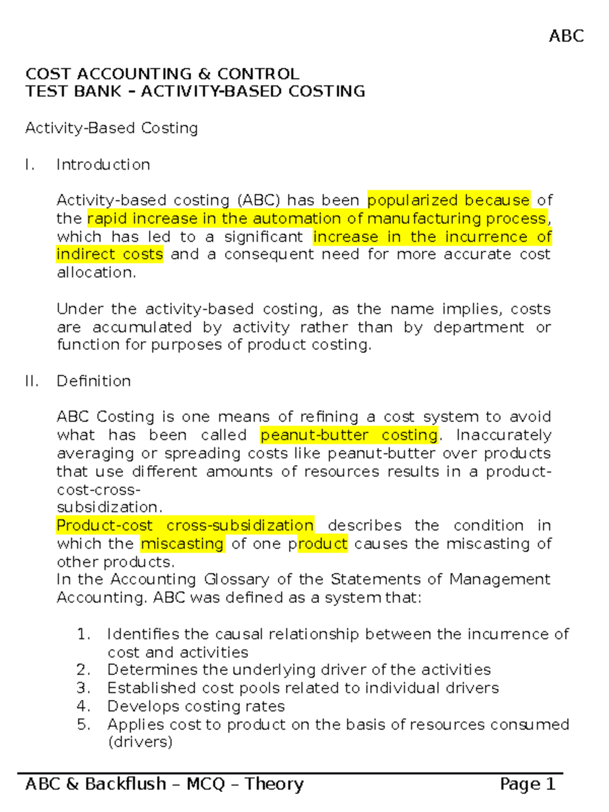 Test Bank-ABC: Comprehensive Reviewer on Activity-Based Costing - Studocu
