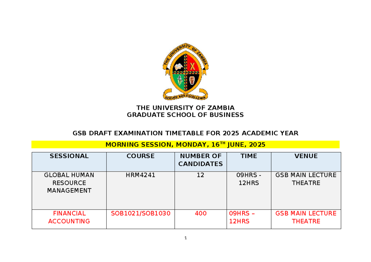 UNZA GSB Draft Exam Timetable 2025: Morning & Afternoon Sessions - Studocu