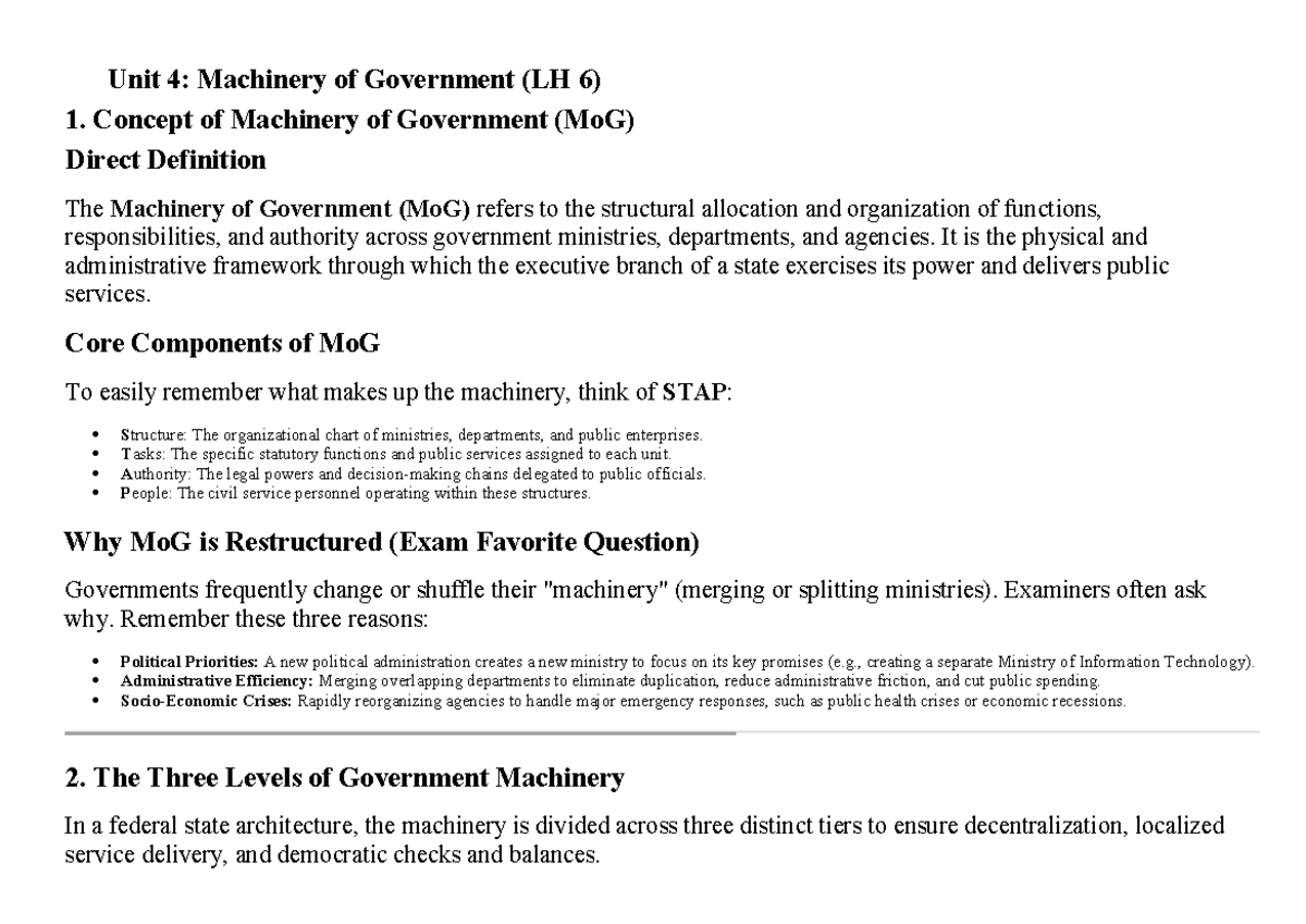 Unit 4: Machinery of Government Overview (MPA 501) - Studocu