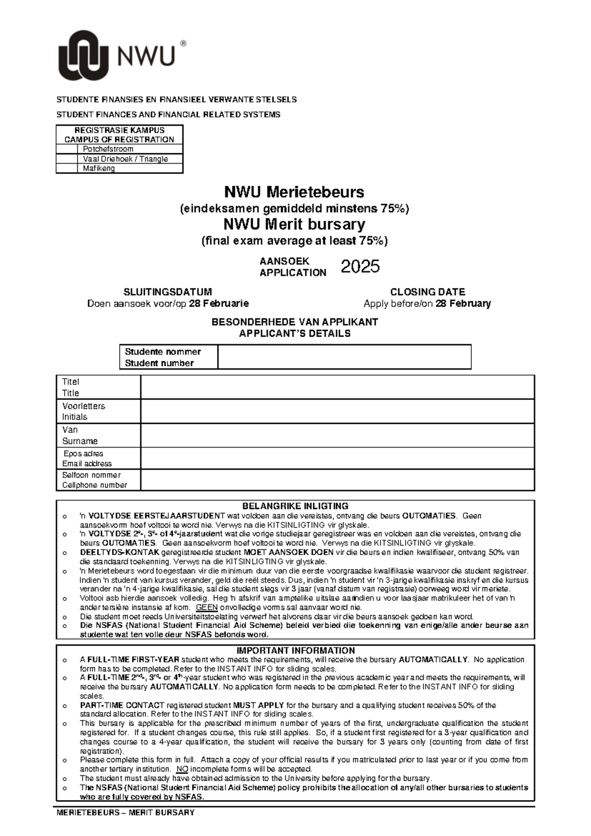 NWU Merietebeurs Application Guide - 2025 - Studocu