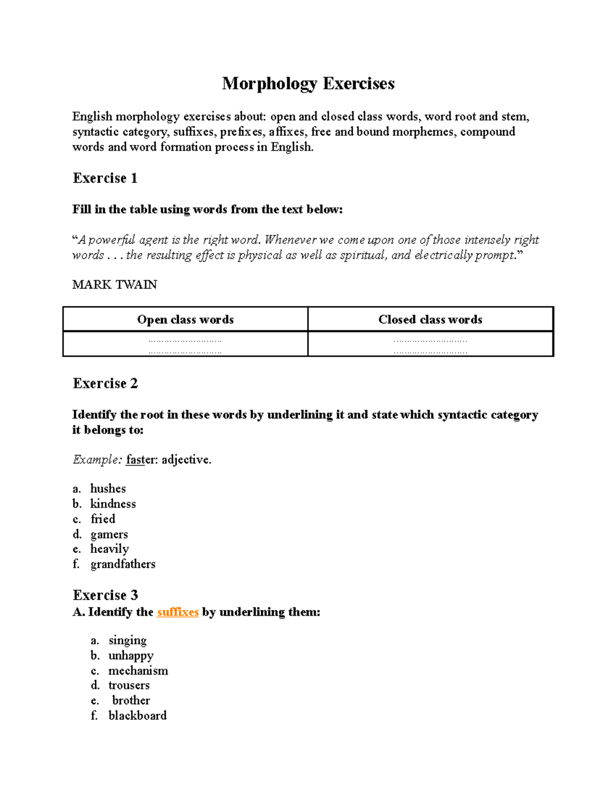 Morphology Exercises - Intro to Linguistics (ENG 101) - Studocu