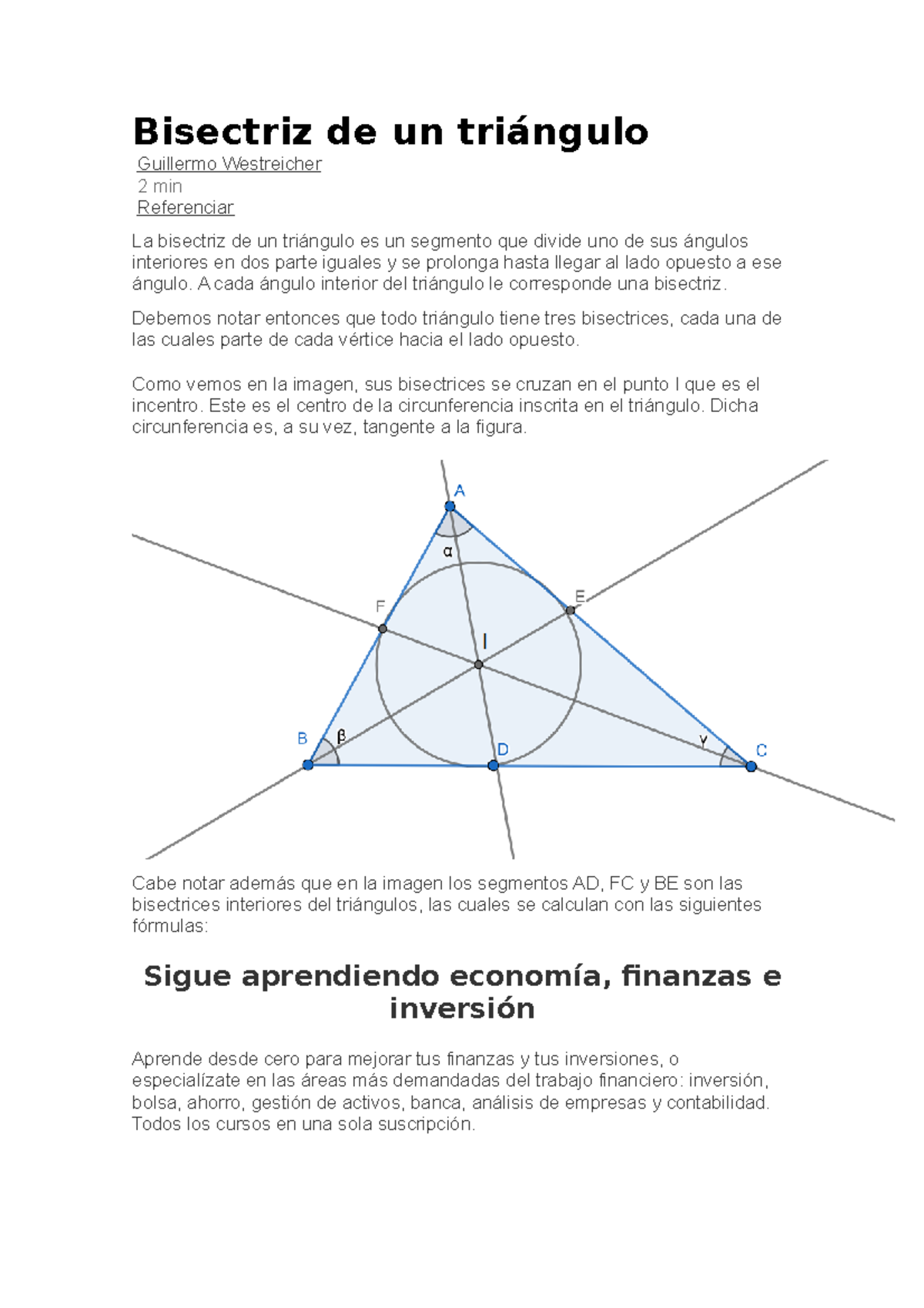 Bisectriz de un triángulo - A cada ángulo interior del triángulo le ...