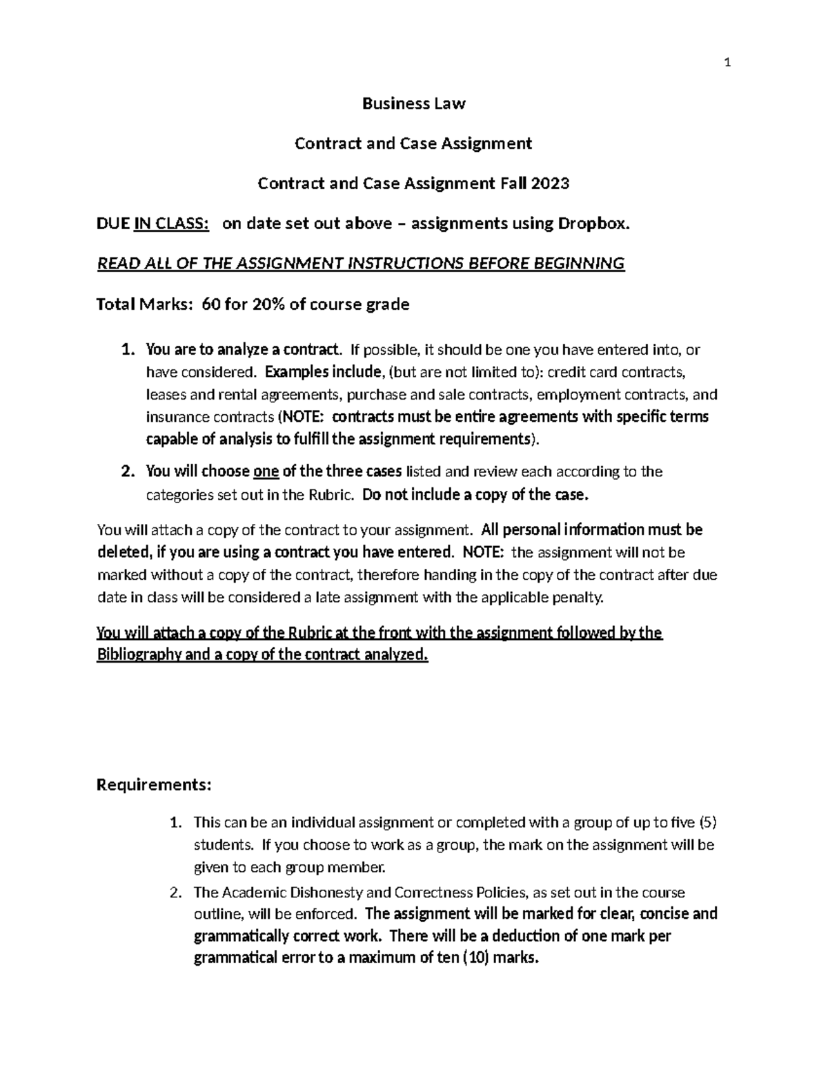 Contract & Case Assignment Guidelines for Business Law (Fall 2023 ...
