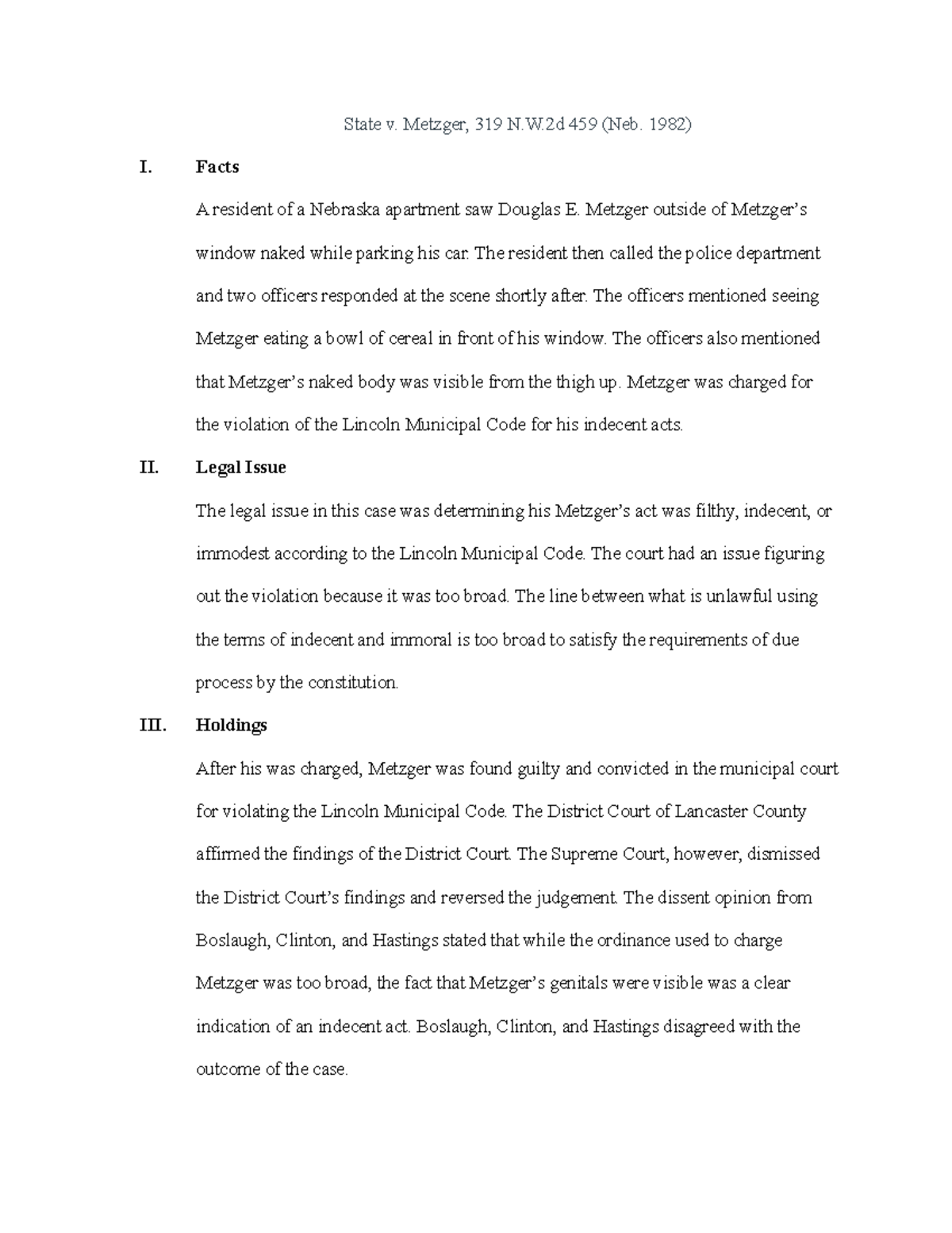 Chapter 2 Case Brief: State v. Metzger, 319 N.W.2d 459 (1982) Analysis ...