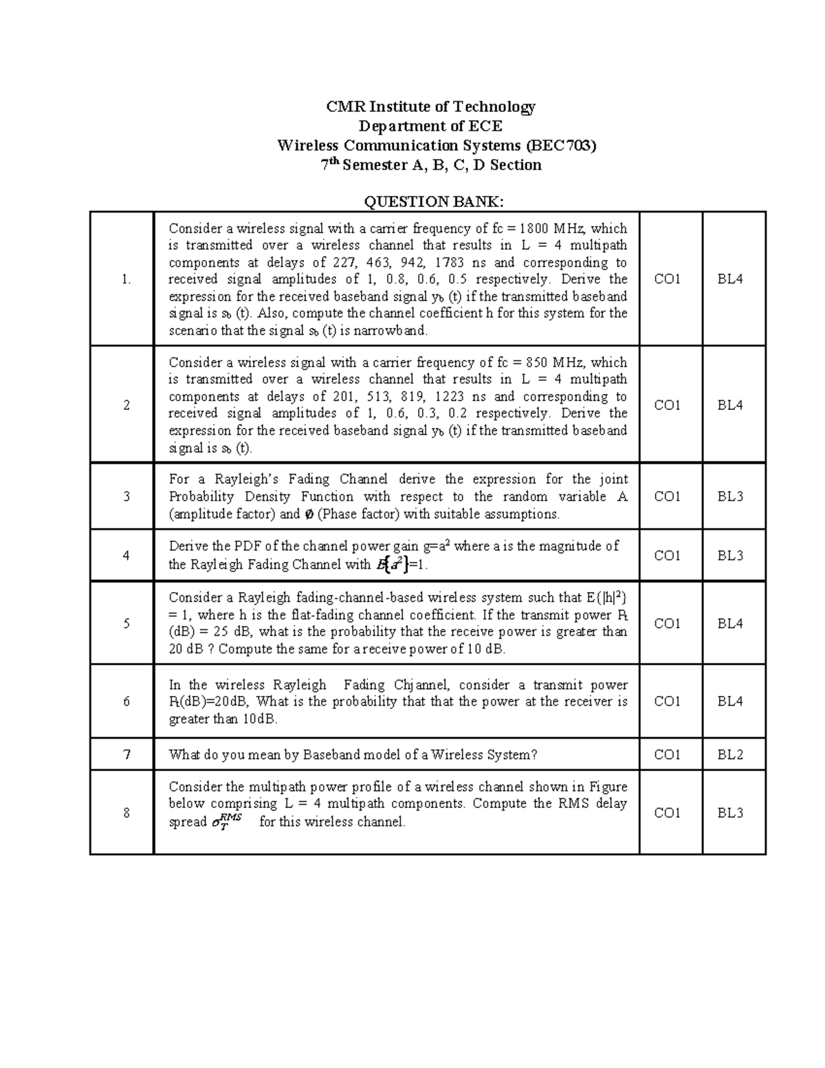 Question Bank: Wireless Communication Systems (BEC703) - IAT-1 - Studocu