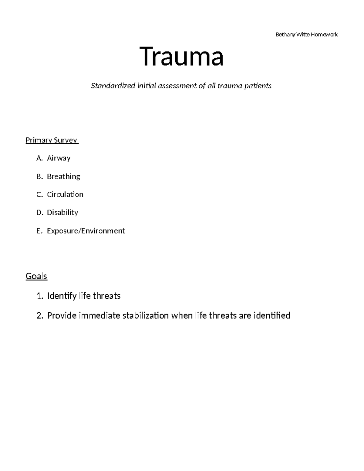 Trauma Packet: Standardized Initial Assessment for Trauma Patients ...