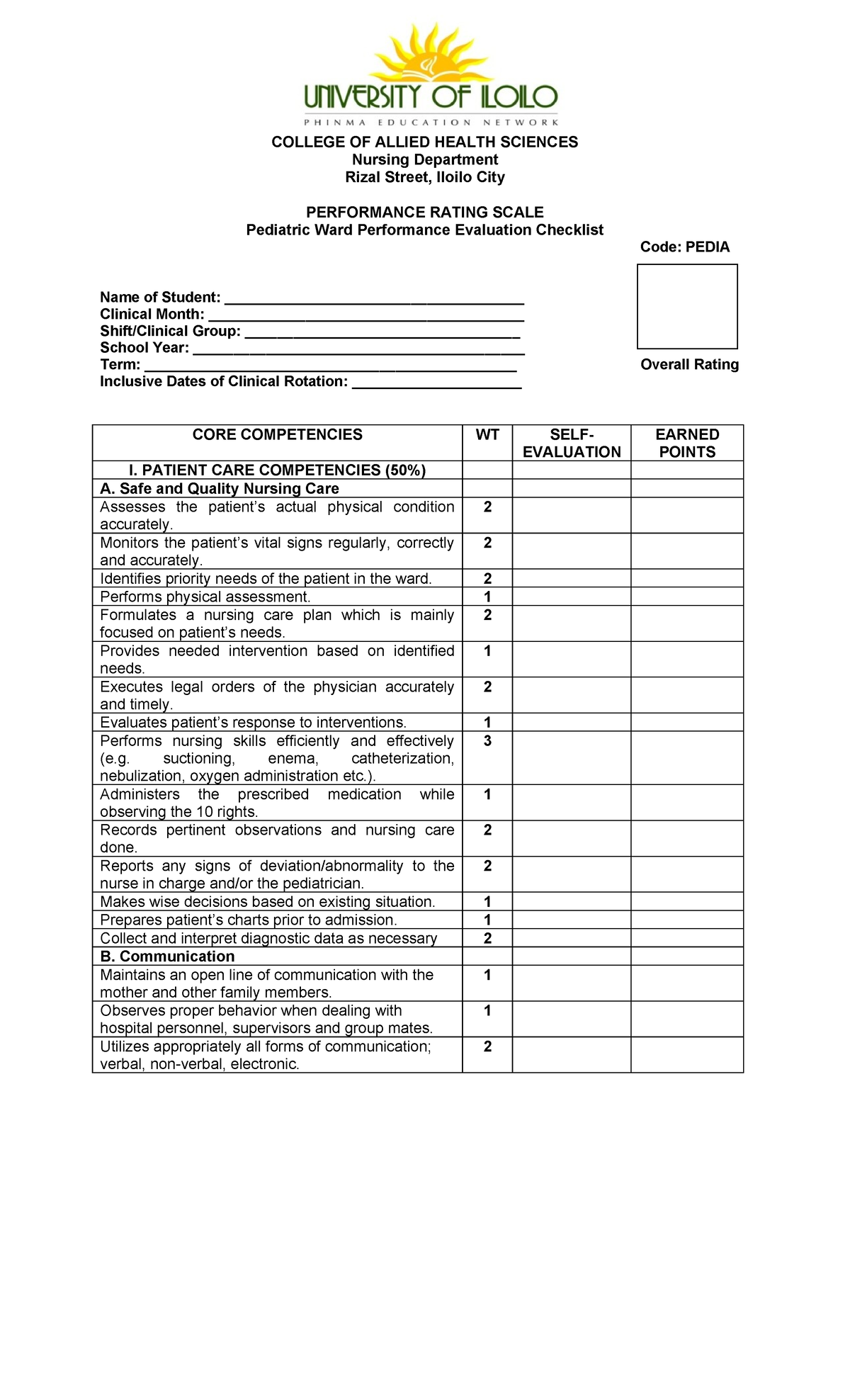 Pedia-PRS-1 - Pediatric Ward Performance Evaluation Checklist - Studocu
