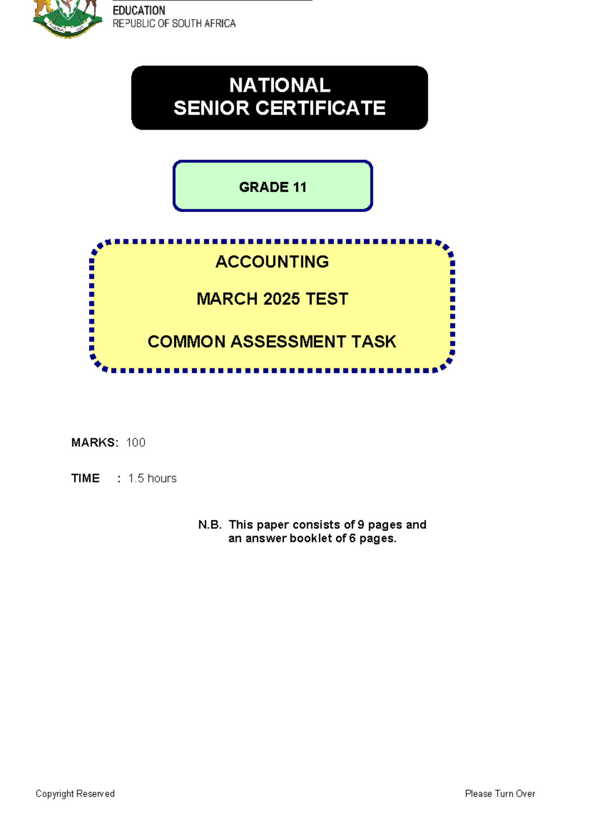 Grade 11 Accounting NSC March 2025 Test Question Paper (Marks: 100 ...