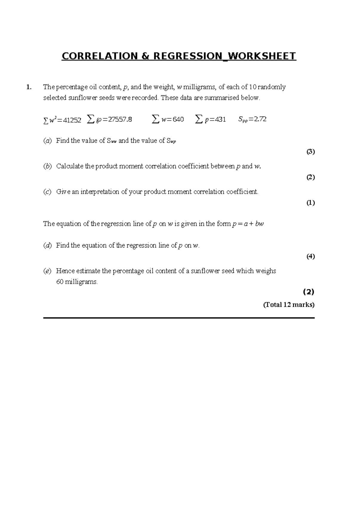 Correlation & Regression Worksheet 1: Analysis & Calculations - Studocu