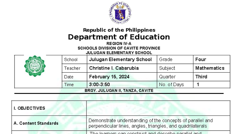 Q3 DLP MATH - Identifying and Describing Triangles by Sides & Angles ...