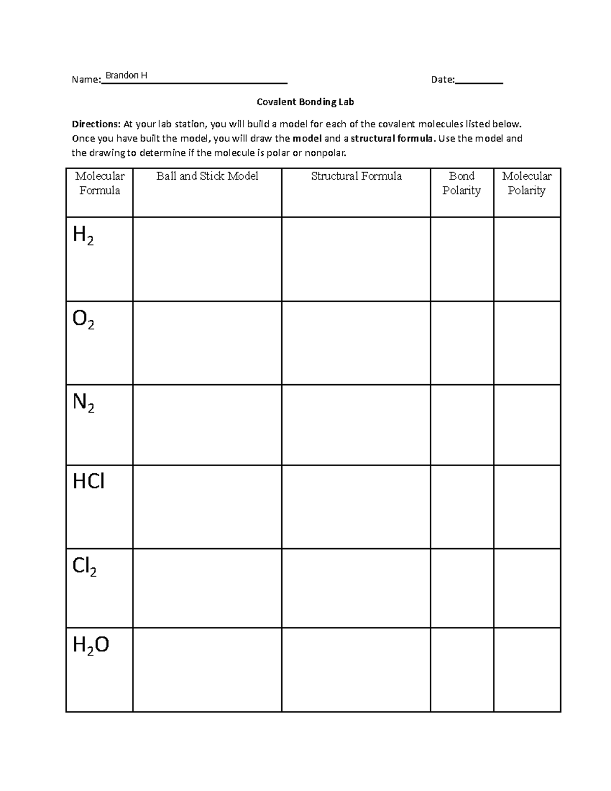 Covalent bonding lab: Exploring molecular polarity and models - Studocu