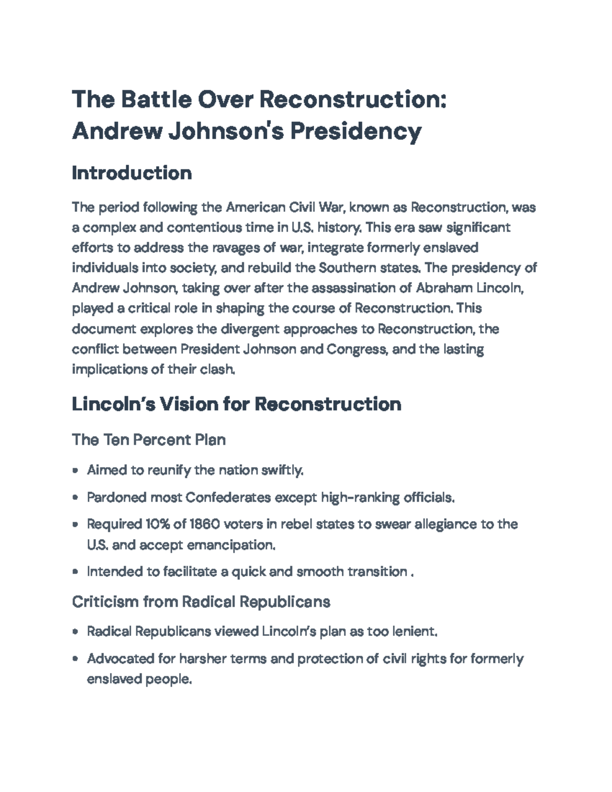 The Battle Over Reconstruction: Andrew Johnson's Presidency and Its ...
