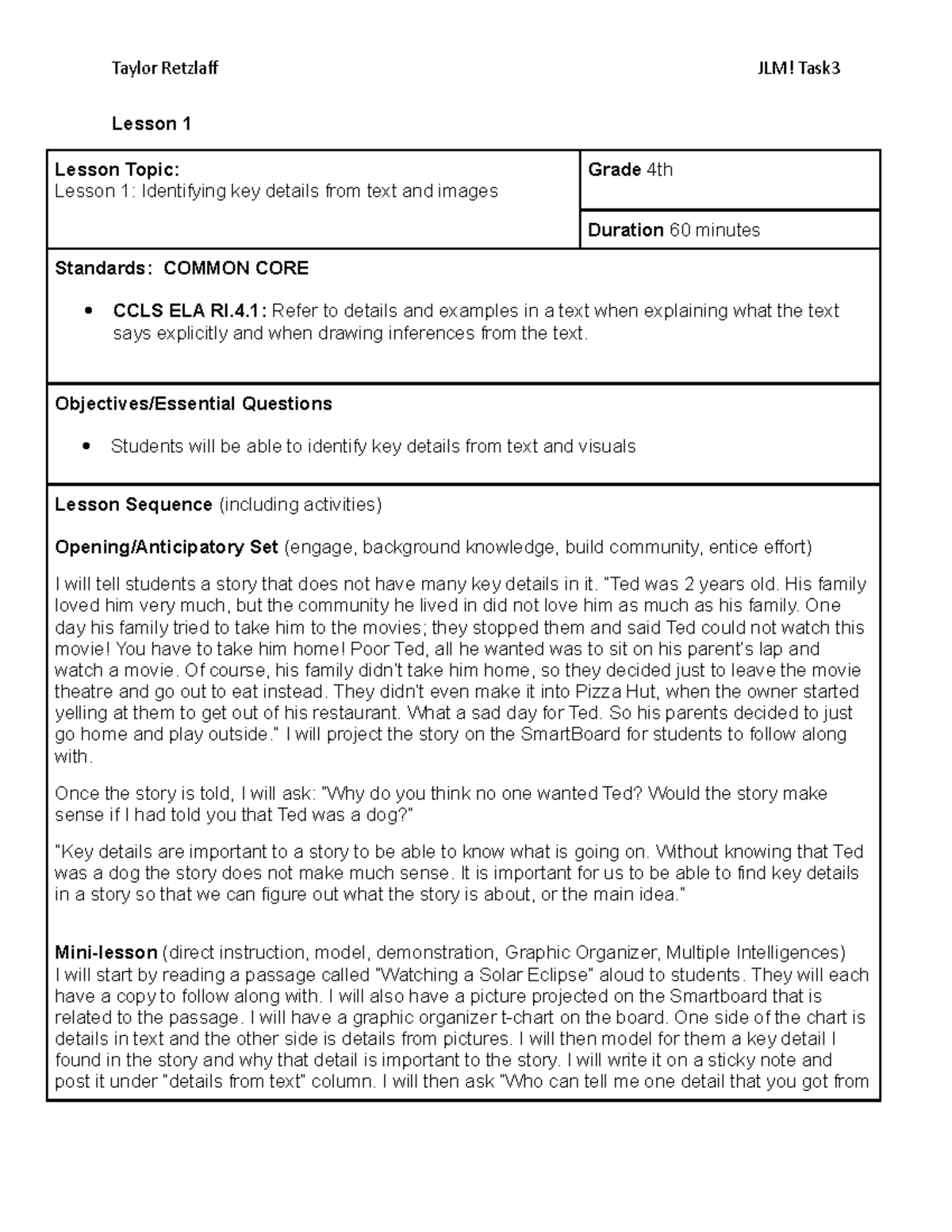 Task 3 - Task 3 - Lesson 1 Lesson Topic: Lesson 1: Identifying key ...