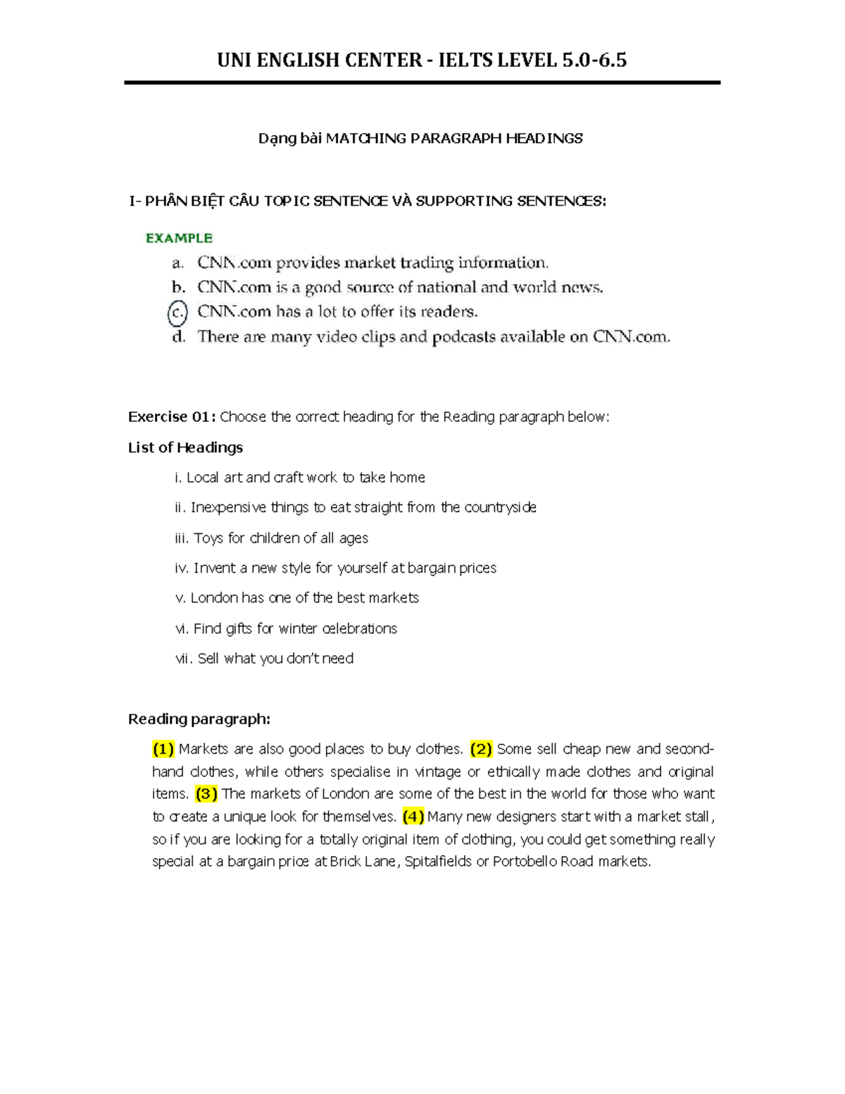 UNI ENGLISH CENTER IELTS LEVEL I: Reading Matching Headings Exercise ...