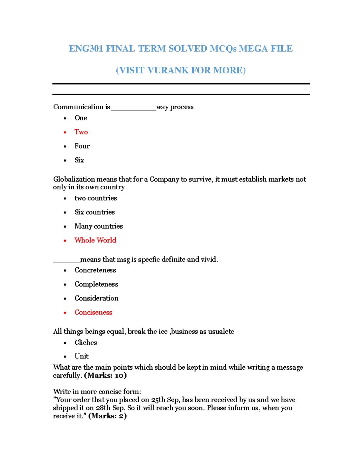 ENG301 Final Term Solved MCQs Comprehensive Study Resource - Studocu