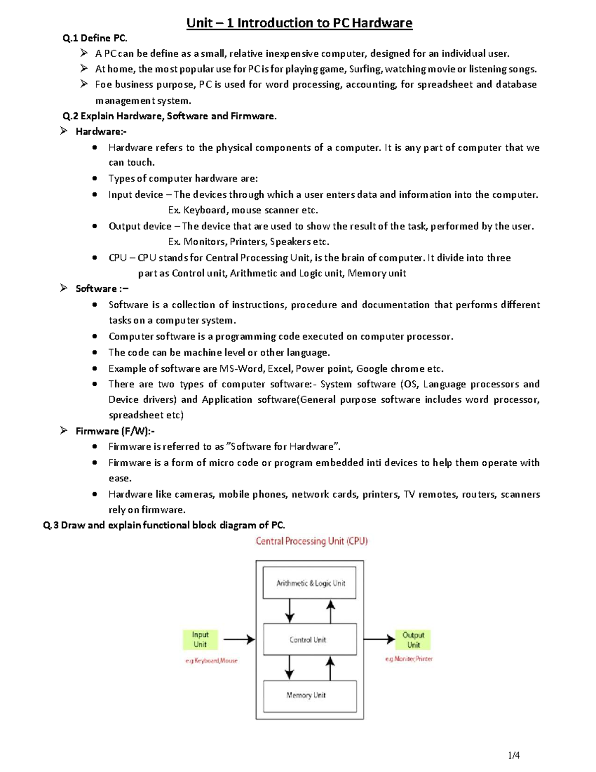 CMTS (Unit 1) - Introduction to PC Hardware and Components - Studocu