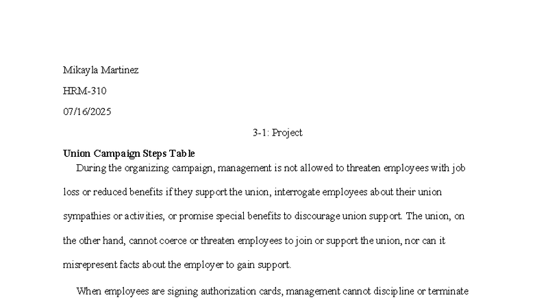 3-1 Project: Union Campaign Steps and Collective Bargaining Overview ...