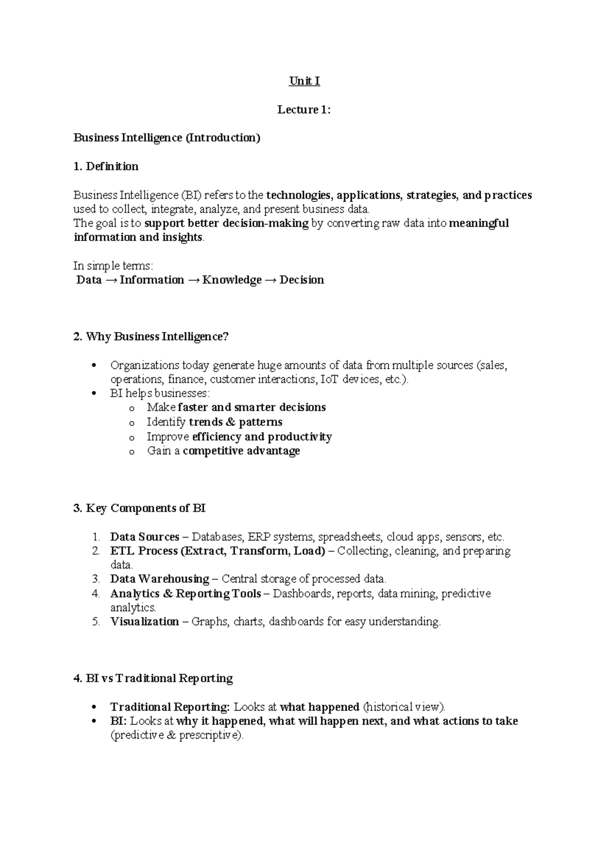 BI&A Unit 1: Introduction to Business Intelligence Concepts and ...