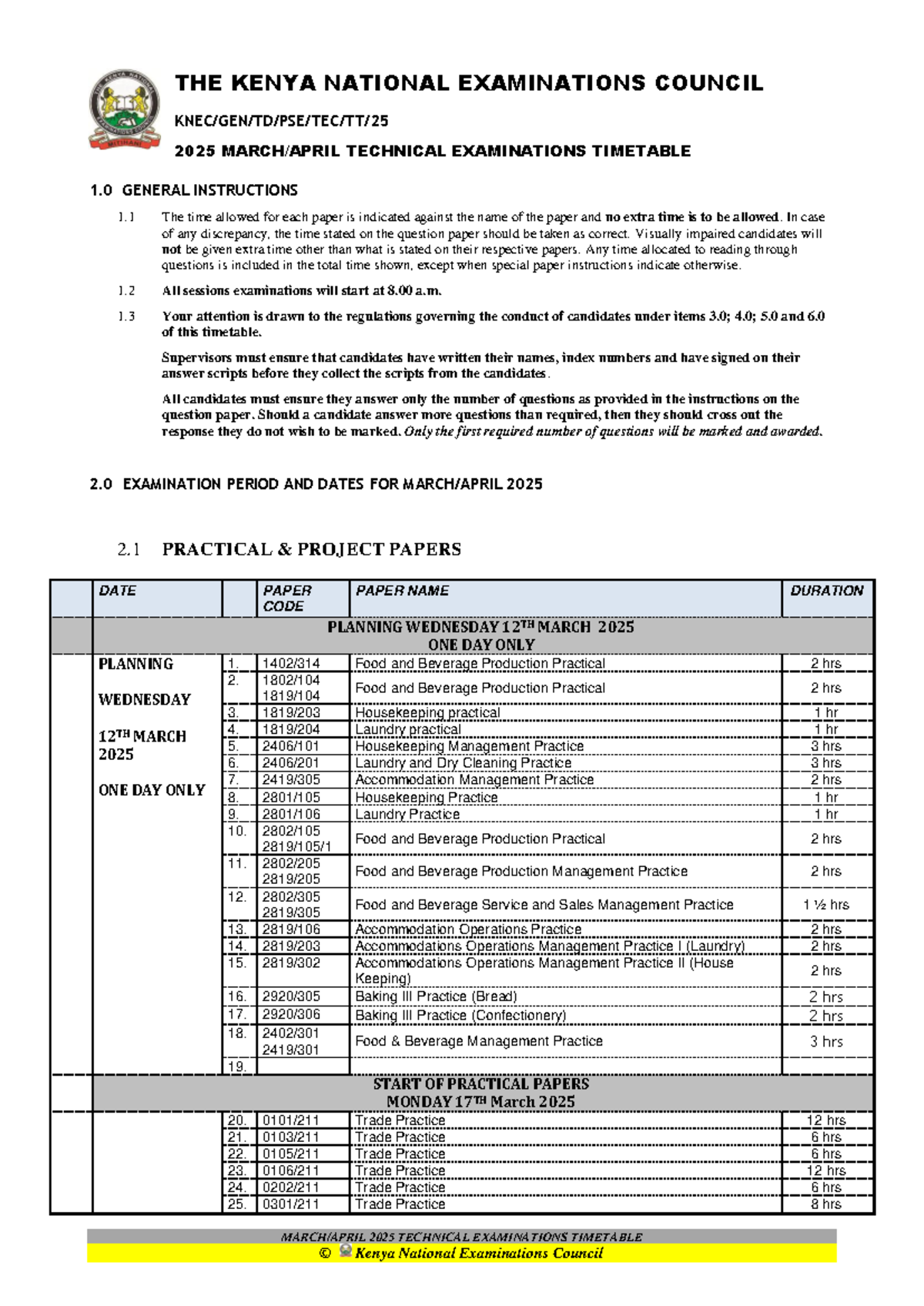 2025 Technical Examinations Timetable - Kenya National Examinations ...