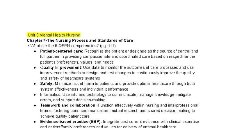MH 3450 Unit 3: Mental Health Nursing Process & QSEN Competencies - Studocu