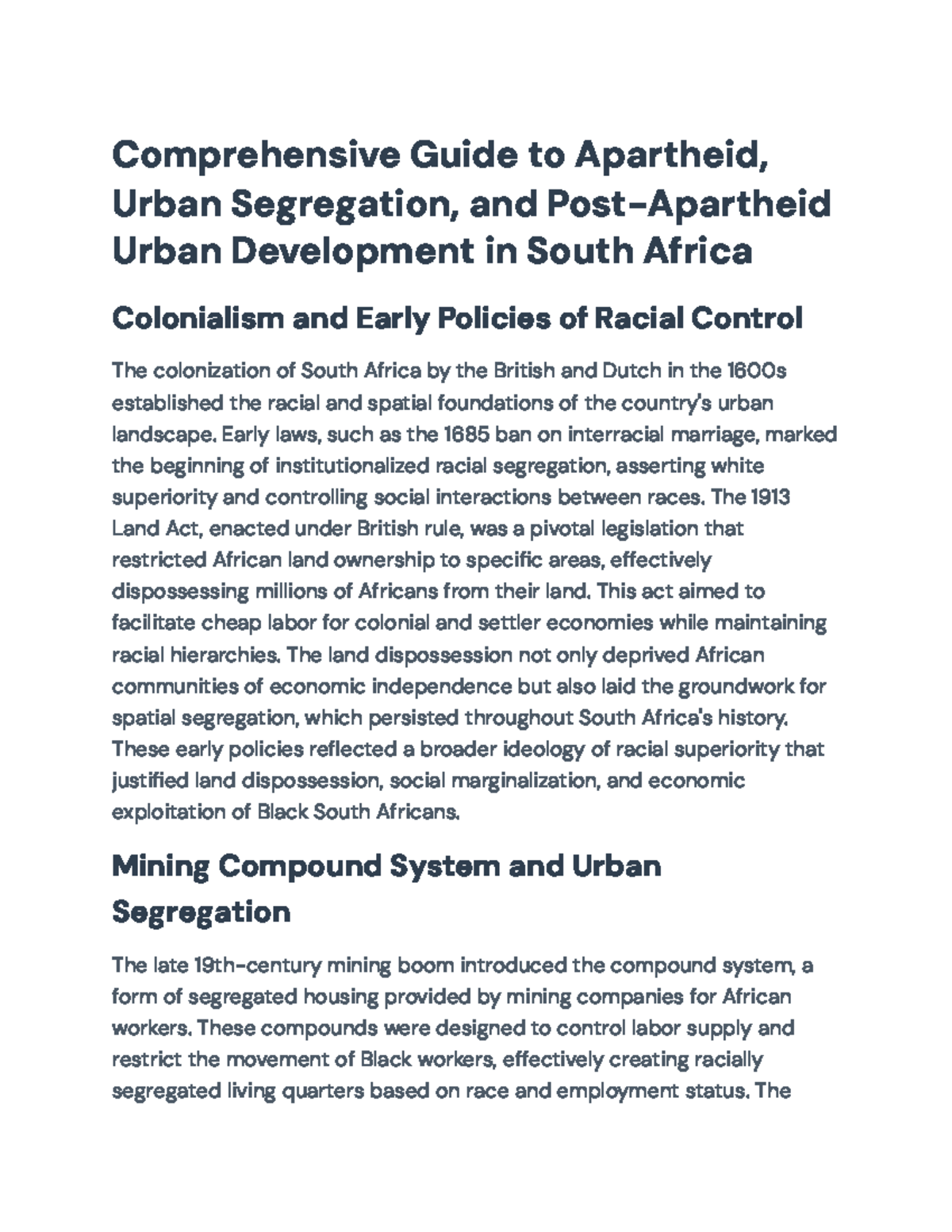 Comprehensive Overview of Apartheid, Urban Segregation, and Development ...