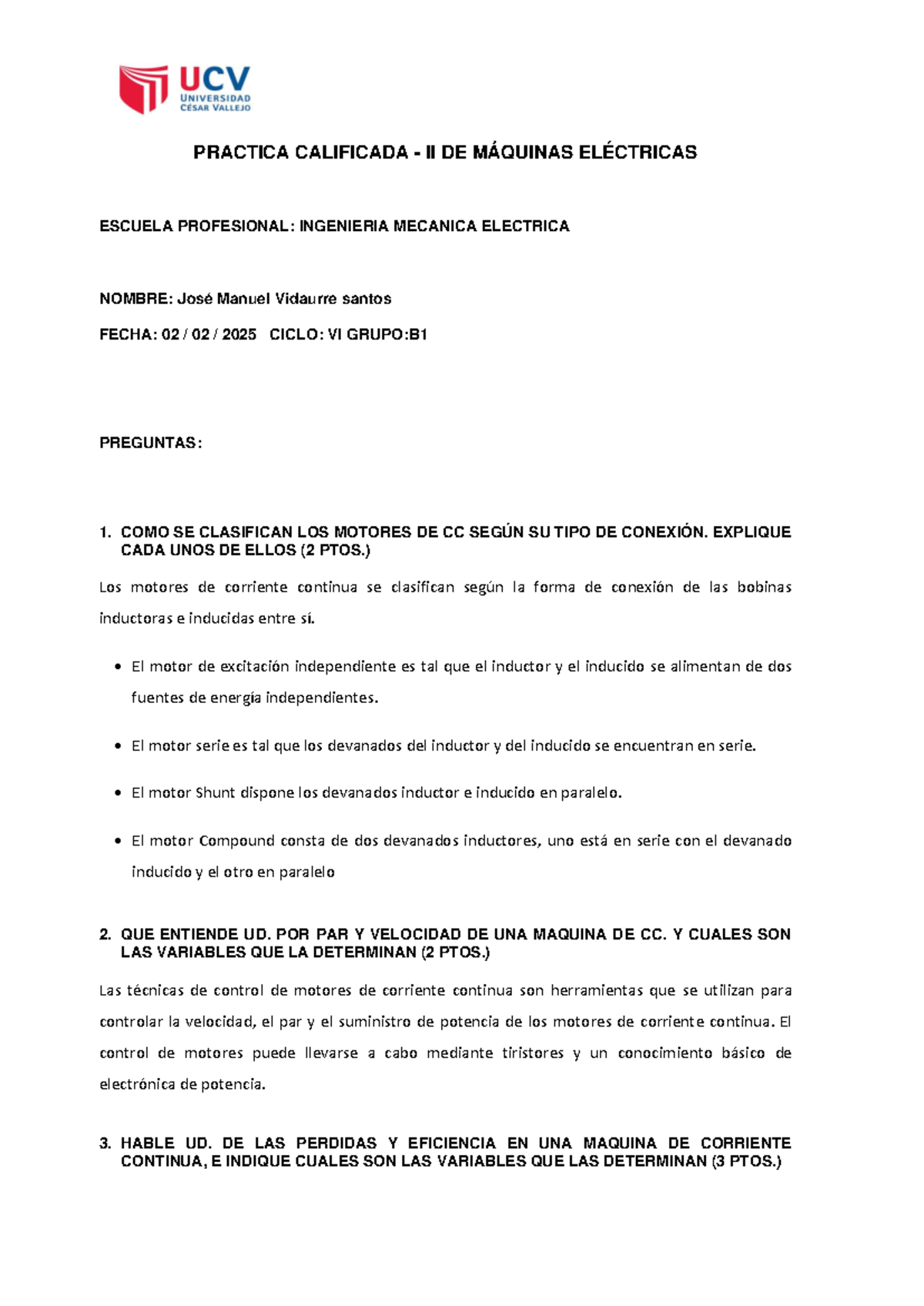 Práctica Calificada II: Clasificación y Eficiencia de Máquinas Eléctricas - Studocu