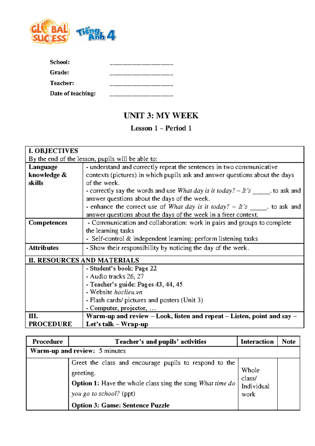 Unit 3: My Week - Lesson Plans and Activities for Days of the Week ...