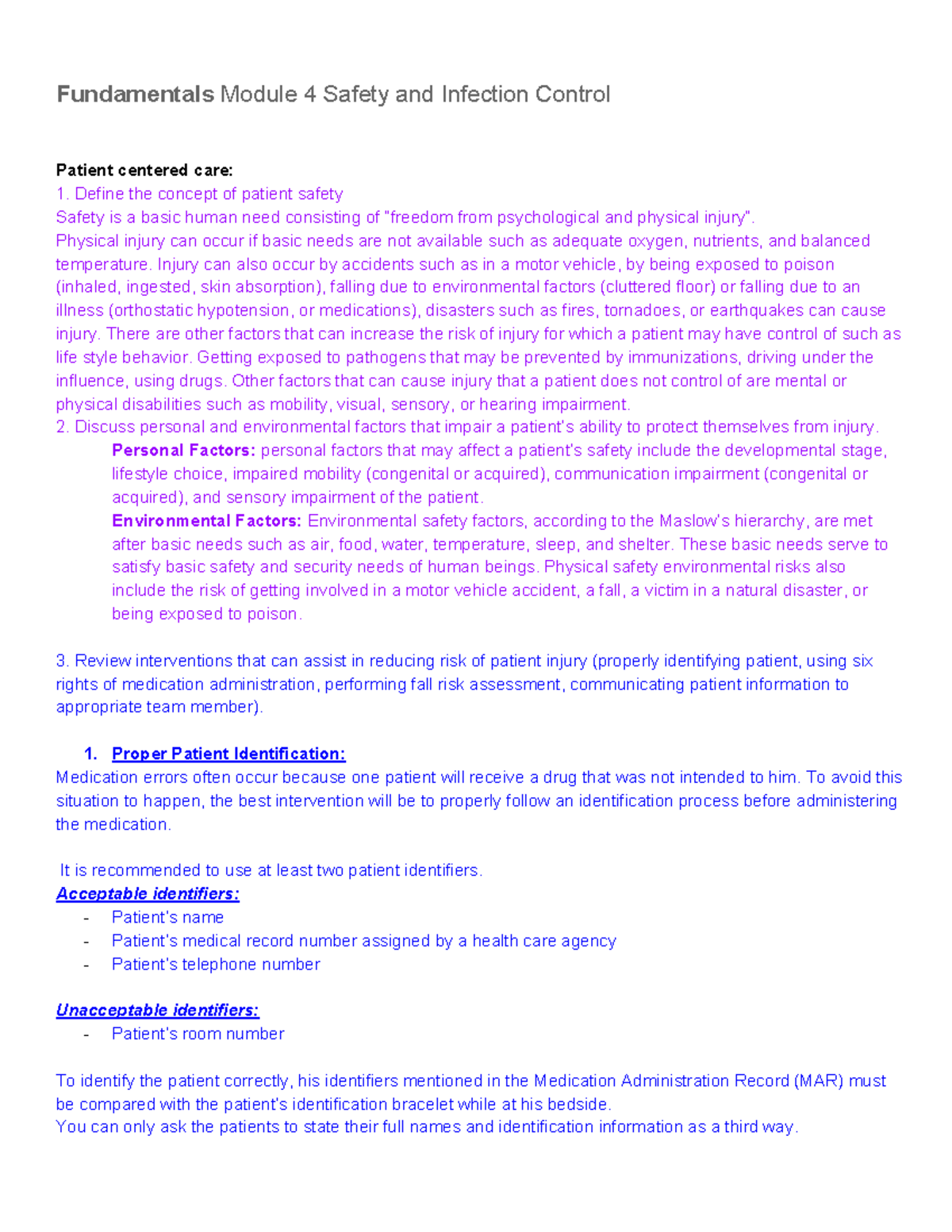 Safety and Infection Control - Define the concept of patient safety ...