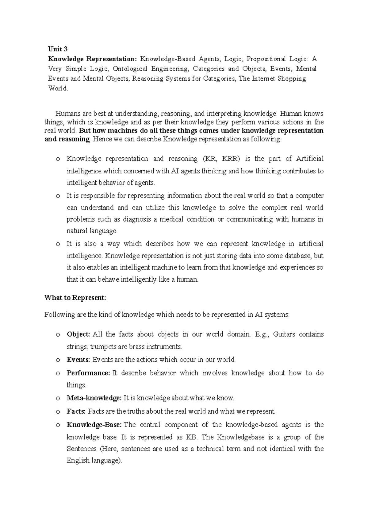 AI Unit 3 - Unit 3 - Unit 3 Knowledge Representation: Knowledge-Based Agents, Logic ...