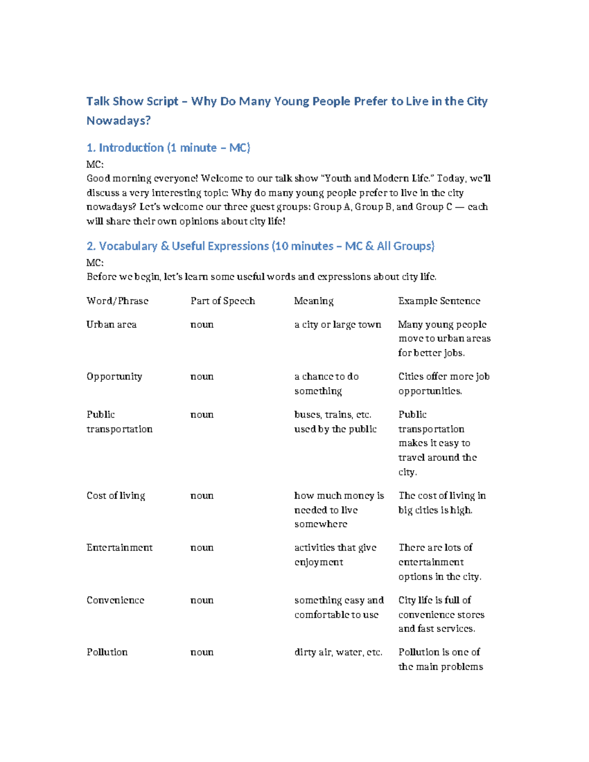 Talk Show Script: Why Young People Prefer City Life - Studocu