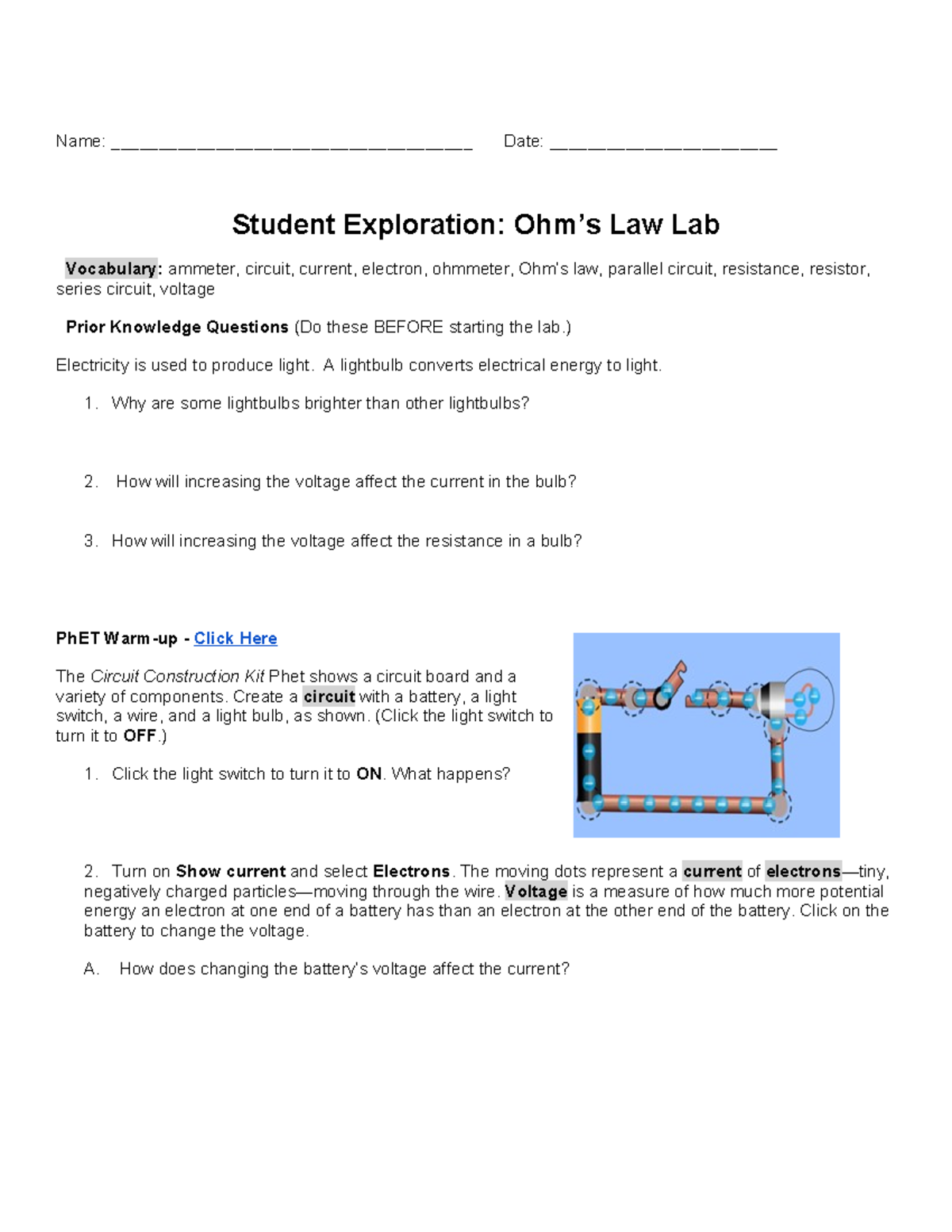Ohm's Law Lab - Ph ET - Name ...
