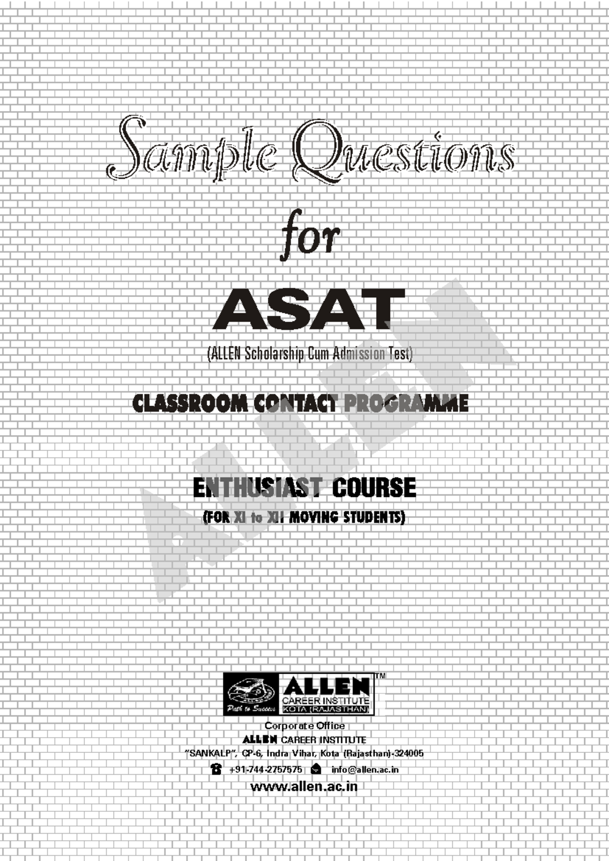 Sample Paper for ASAT (ALLEN Scholarship Test) - Studocu