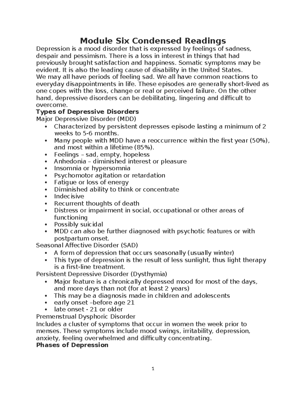 Module 6: Overview of Depressive Disorders and Treatment Approaches - Studocu