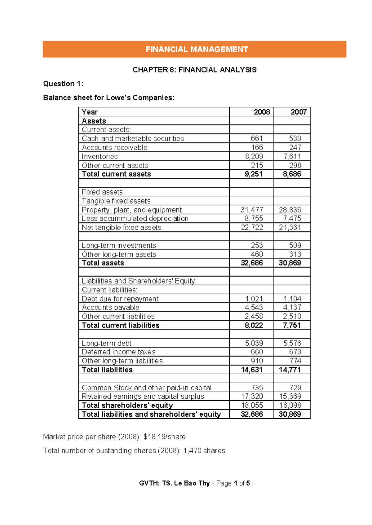 Chapter 8 - Financial Analysis - Exercise and Equations - CHAPTER 8 ...