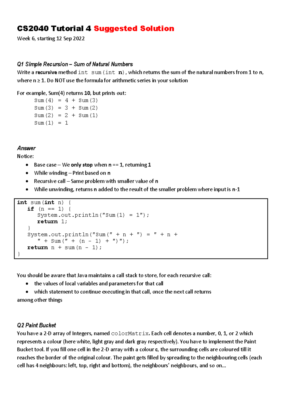 CS2040 Tutorial 4 Solutions: Recursion Methods Explained - Studocu