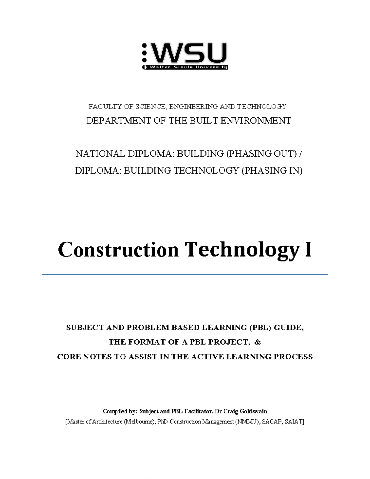 Construction Technology I PBL Project Guide & Assessment Structure - FACULTY OF SCIENCE ...