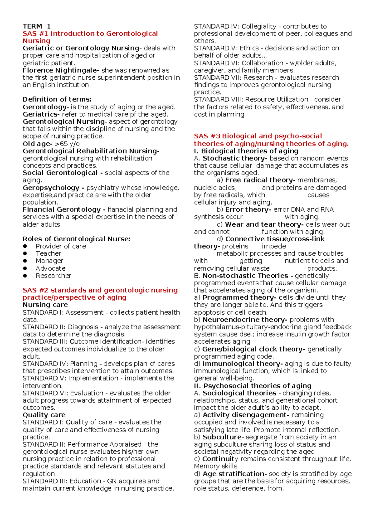 TERM 1 SAS Introduction to Gerontological Nursing Notes - Studocu