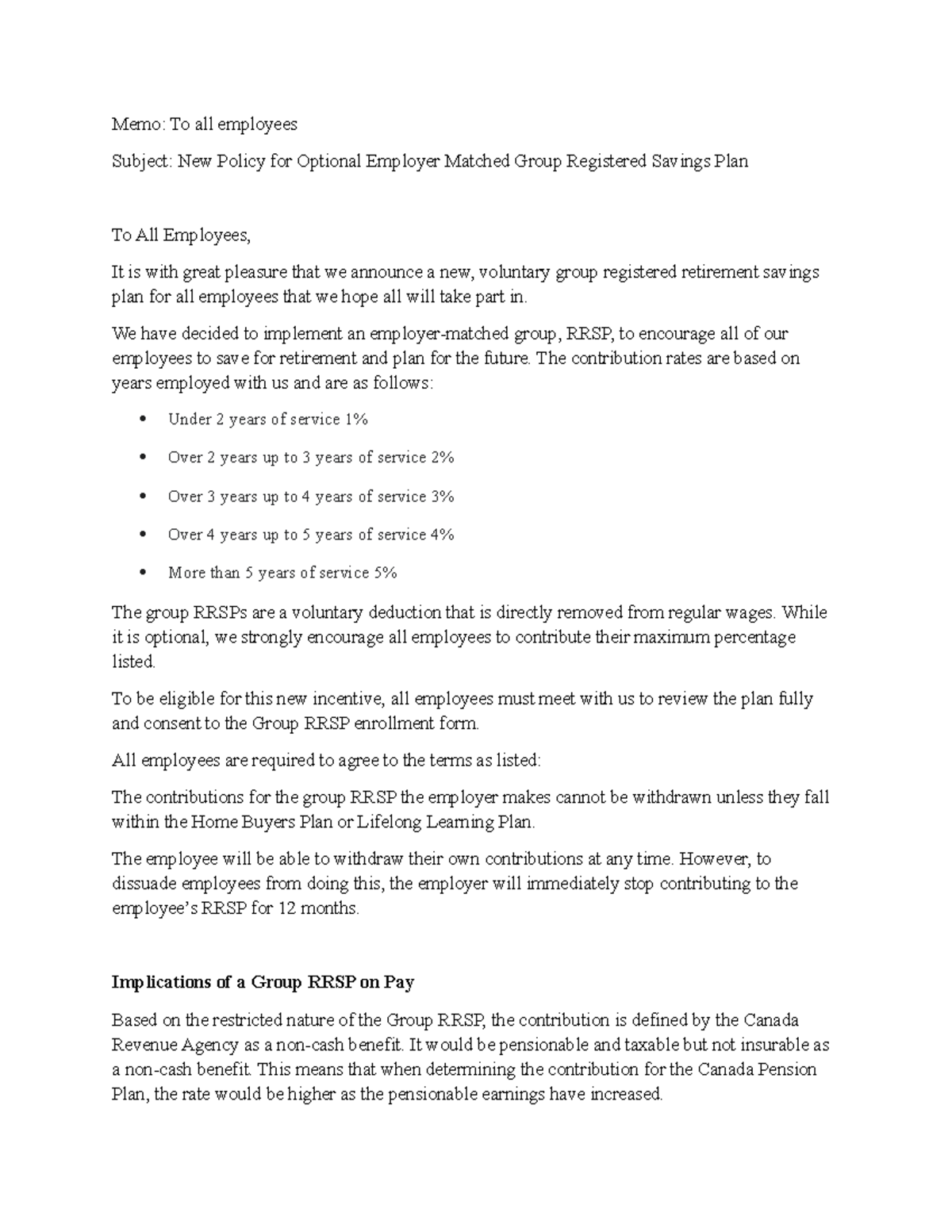 Payroll Assignment Memo: Group RRSP Policy Guidelines - Studocu