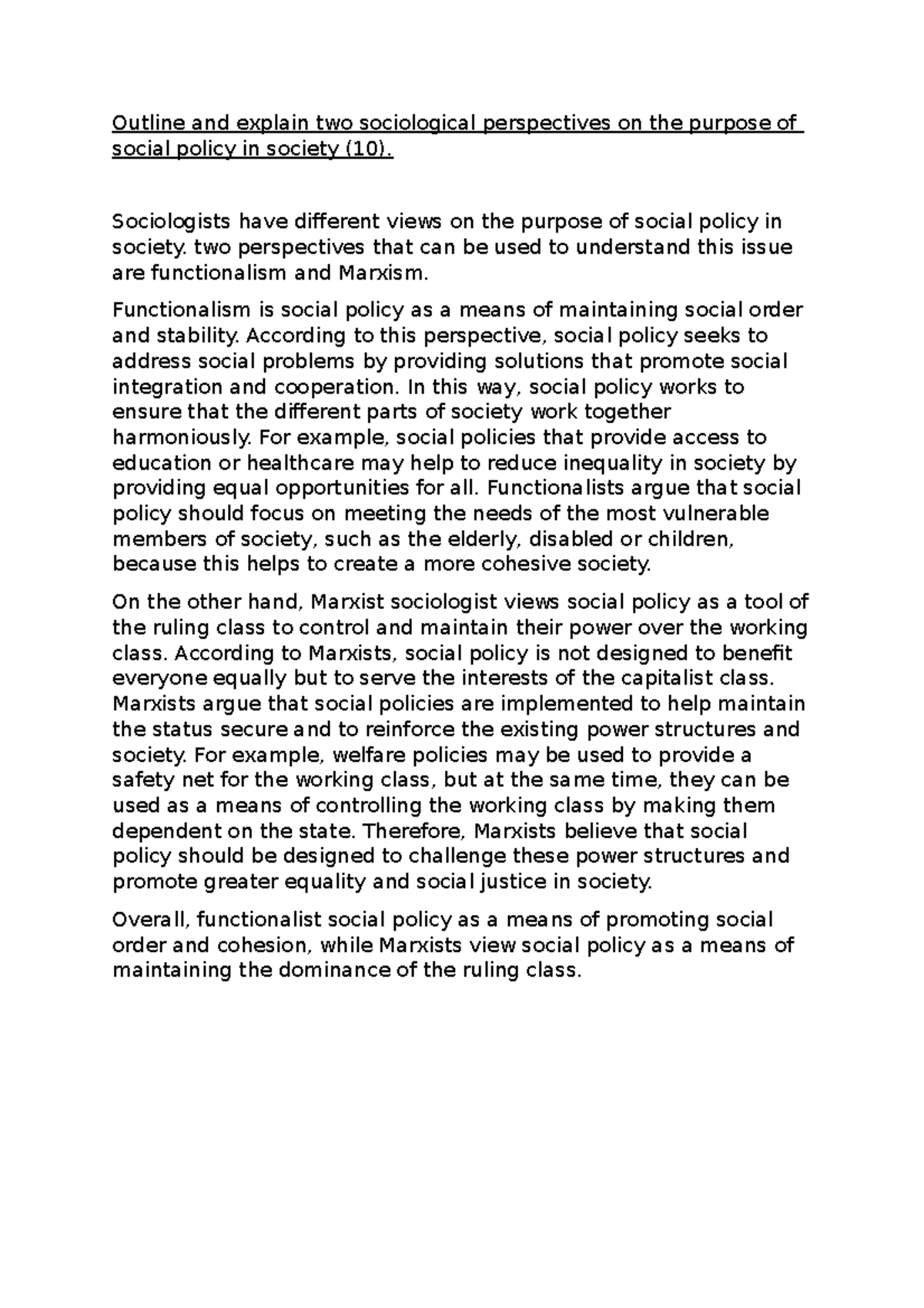 Sociological Perspectives on Social Policy: Functionalism vs. Marxism ...