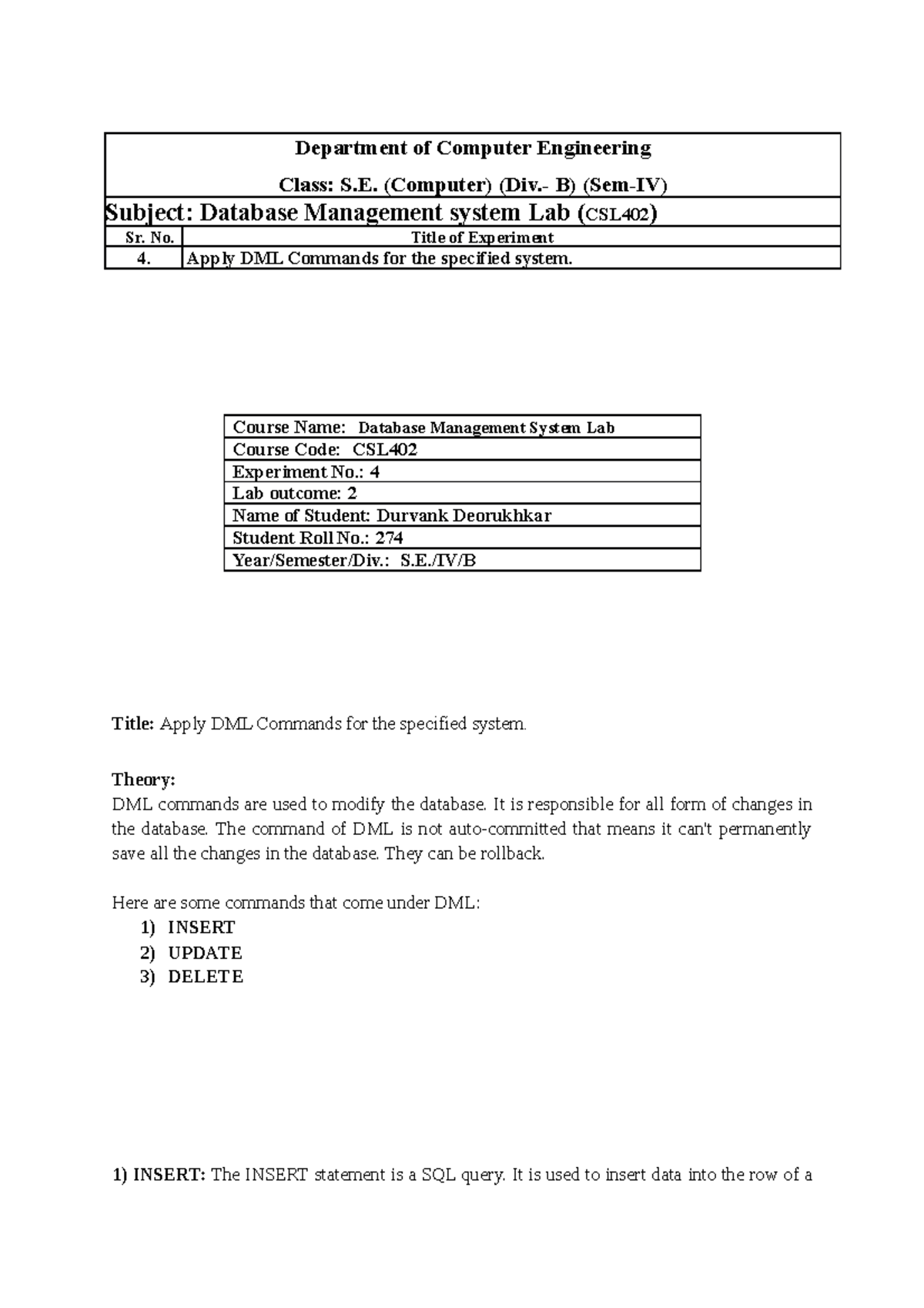 DBMS Practical 4 - Department of Computer Engineering Class: S ...