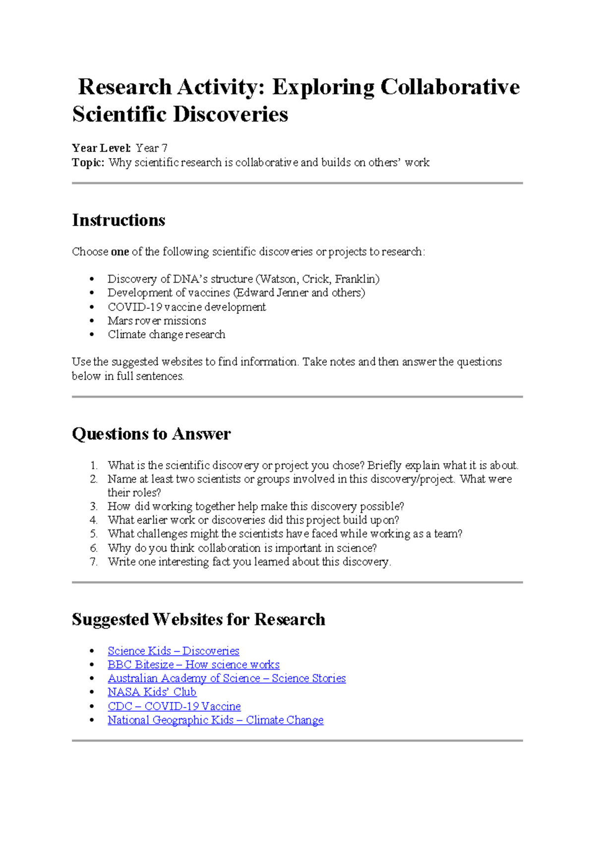 Year 7 Research Activity: Importance of Collaboration in Science - Studocu