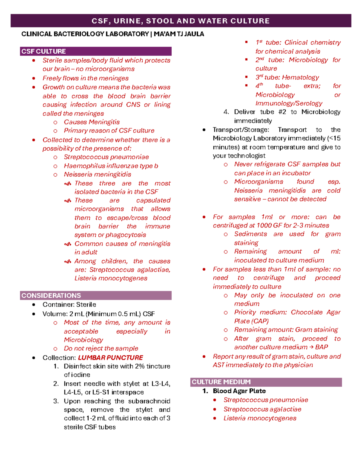 Bacte Finals LAB - CSF, Urine, Stool & Water Culture Overview - Studocu