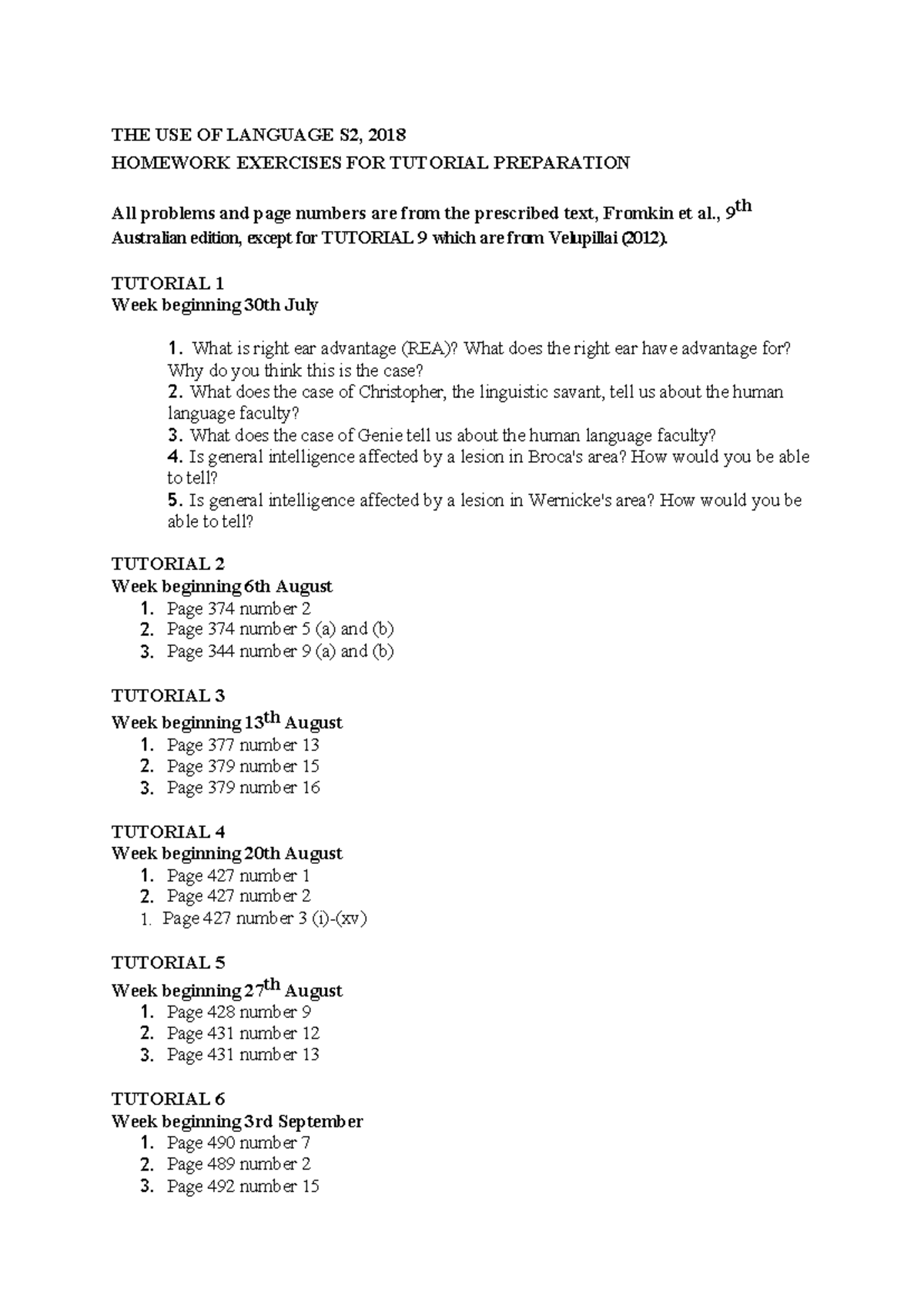 ARTS1691 LING 5037 S2 2018 Tutorial Homework & Prep Exercises - Studocu