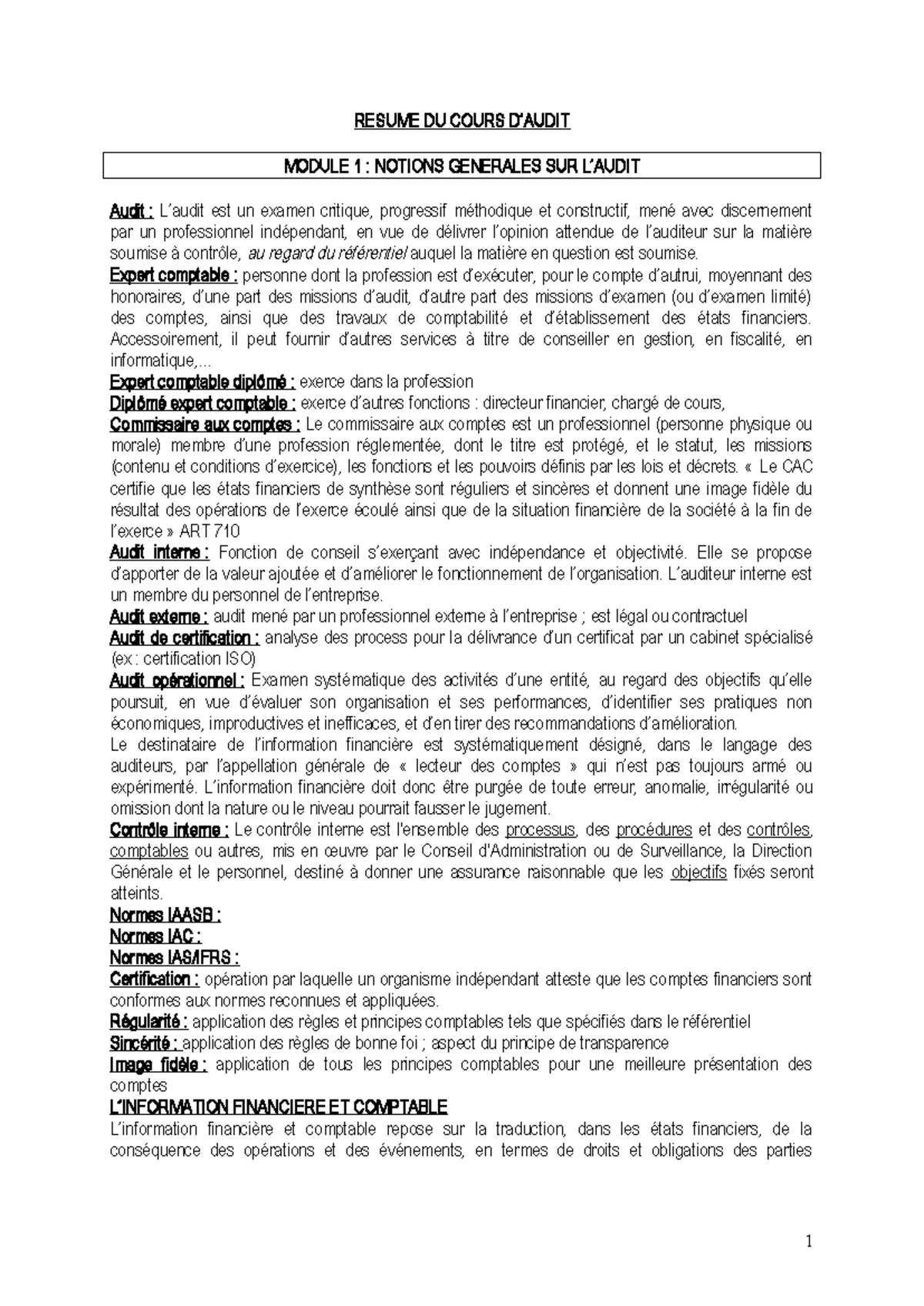 Résumé du Cours Audit - Module 1 : Notions Générales et Concepts Clés ...