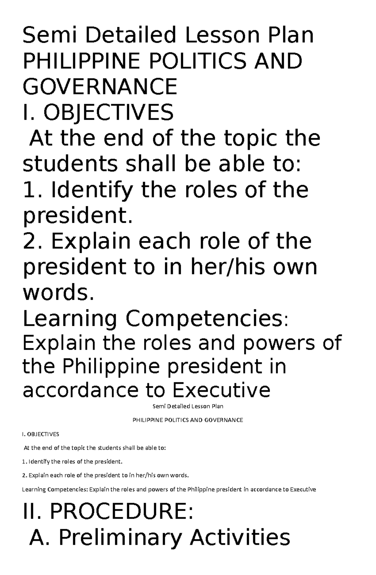 Semi-Detailed Lesson Plan: Roles and Powers of the President (PPG 101 ...