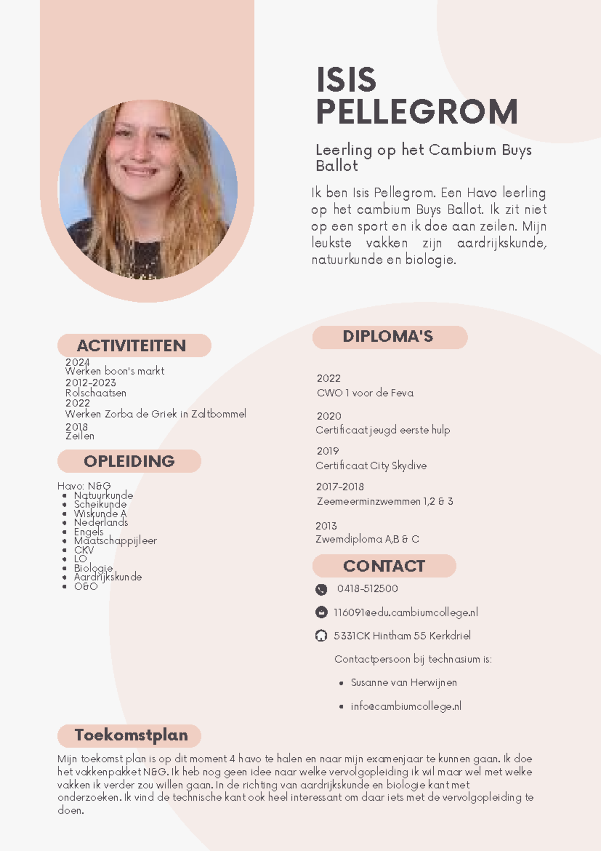Isis Pellegrom's Resume: Havo Student & Future Plans Guide - Studeersnel