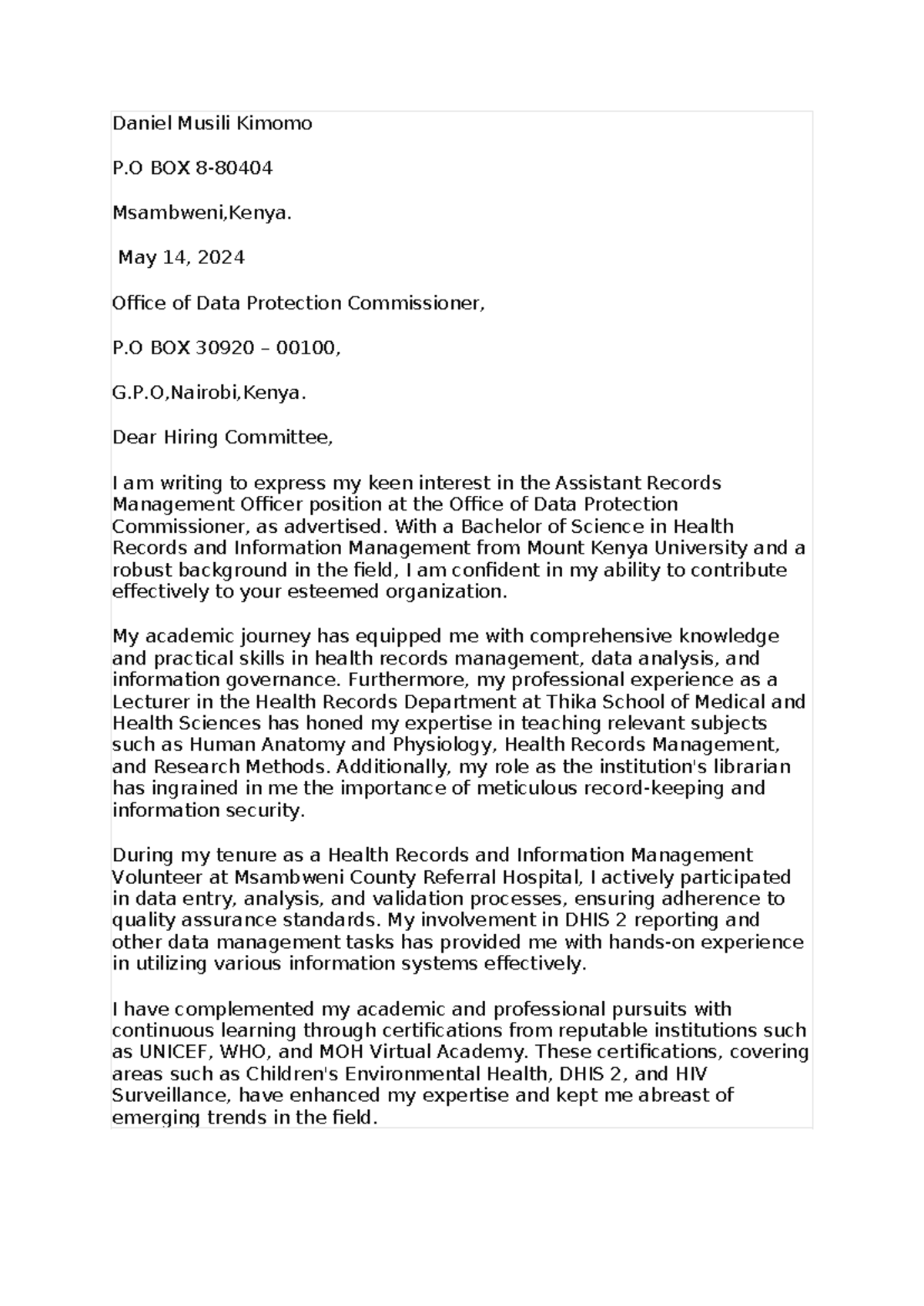 Cover letter - past papers and notes - Daniel Musili Kimomo P BOX 8 ...