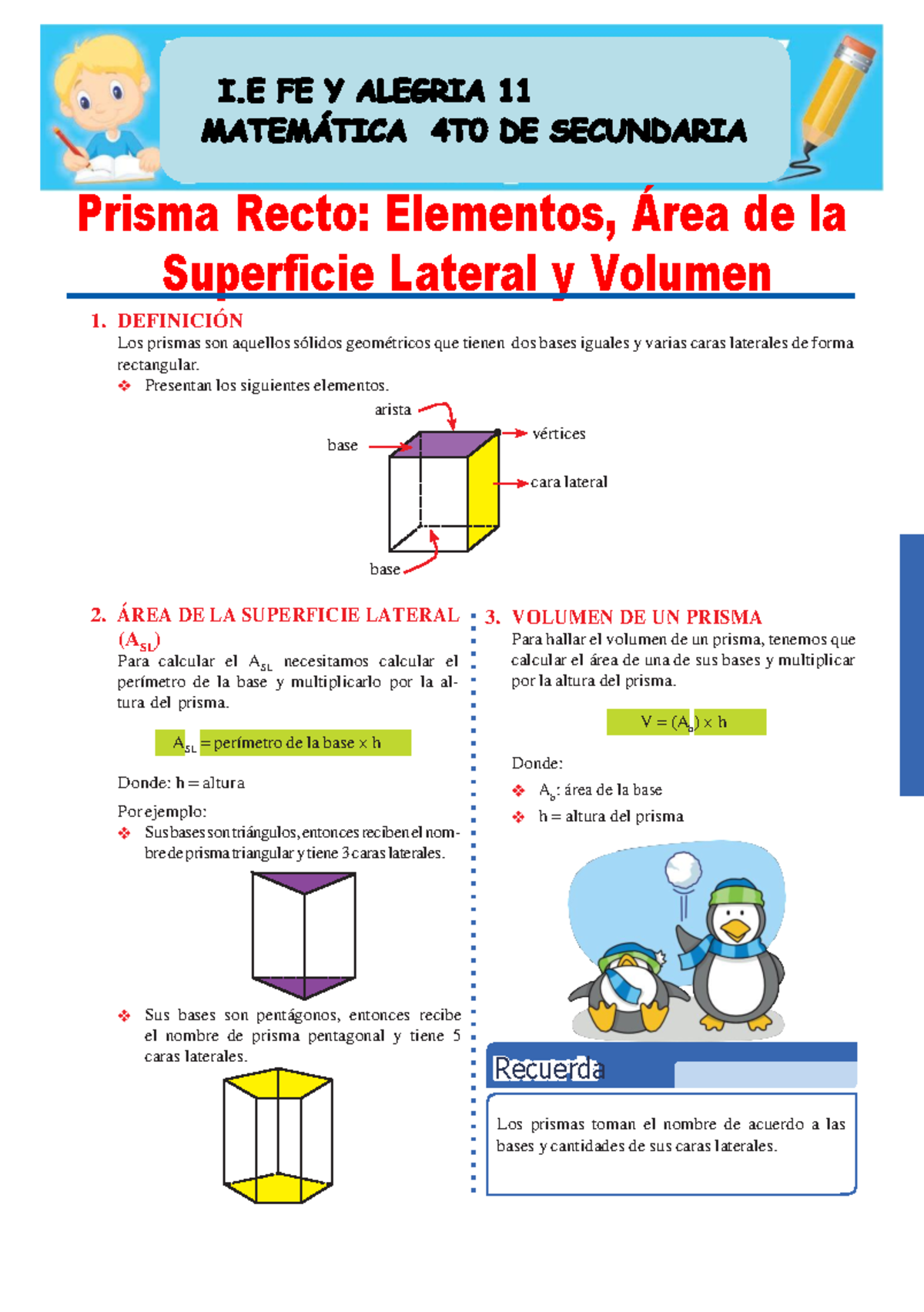 Área y Volumen del Prisma Recto para Cuarto de Secundaria - arista base ...