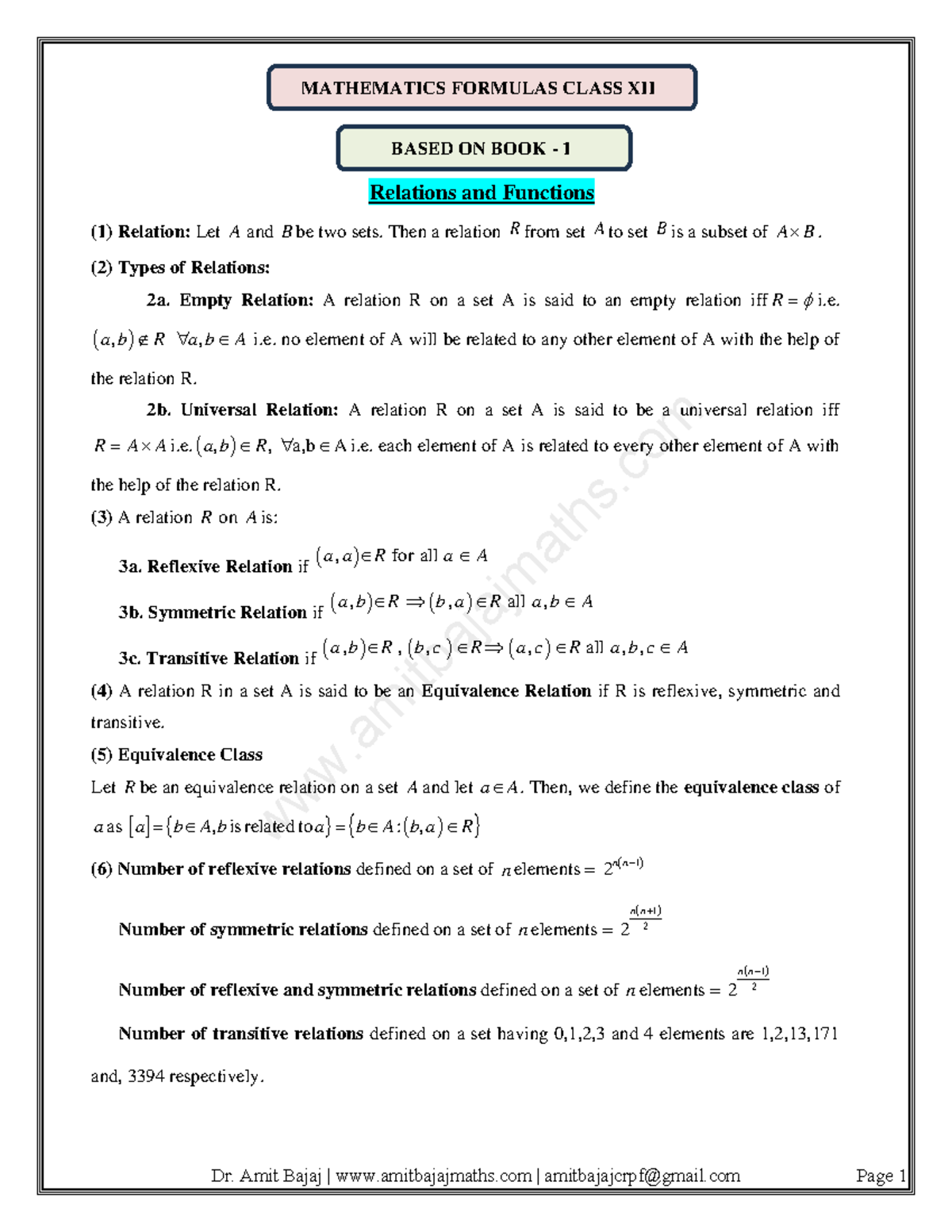 Class XII Final Exam Formula List: Relations, Functions & Trigonometry ...